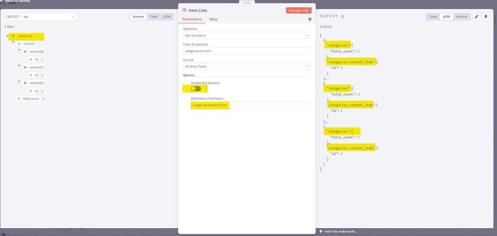 Item Lists Node Split Out Items Disable Dot Notation Setting Doesn T