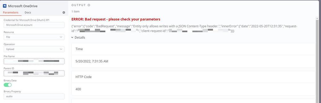 OneDrive Node Error on File Upload - Questions - n8n