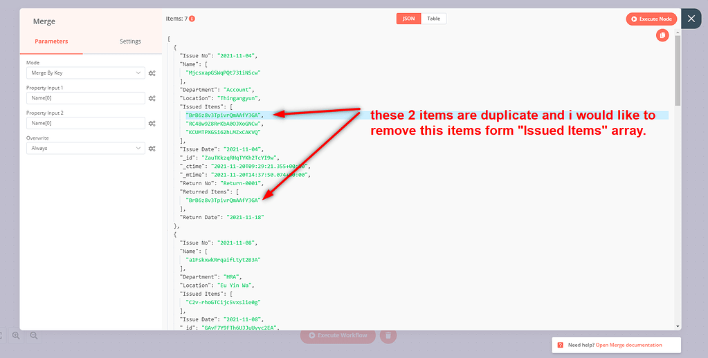 Removing duplicated key in array - Questions - n8n Community