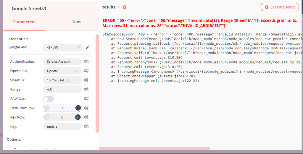 Google Sheets operation update ERROR: 400 exceeds grid limits - Questions - n8n Community