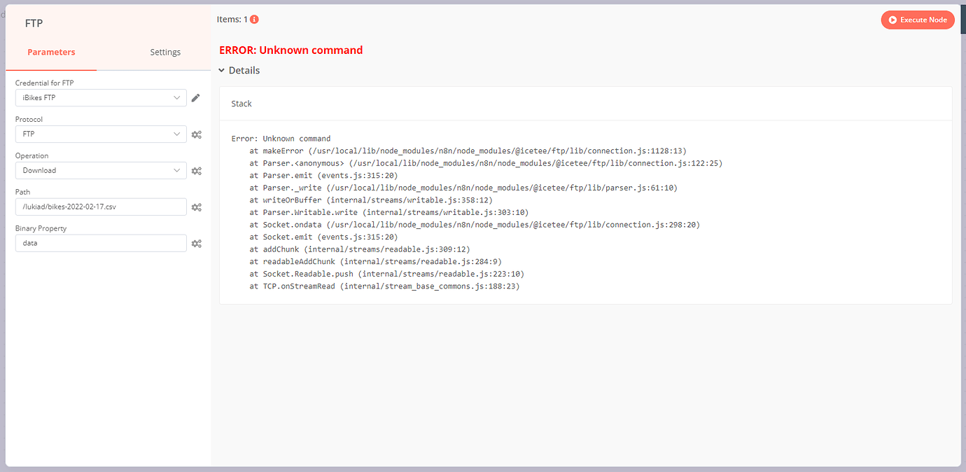 FTP Server Cant Connect Command Unknown ions N8n