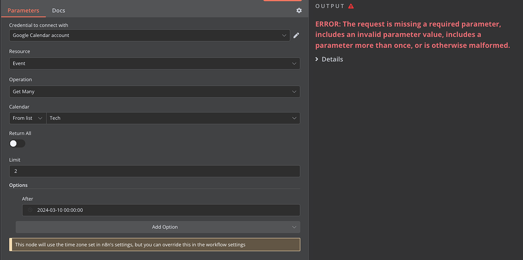 Calendar node fails when using after/before - Questions - n8n Community