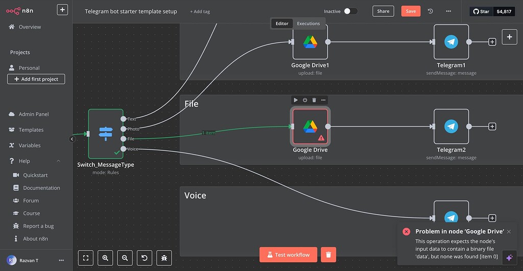 Upload content from Telegram to Google Drive (Binary File Error) - Questions - n8n Community