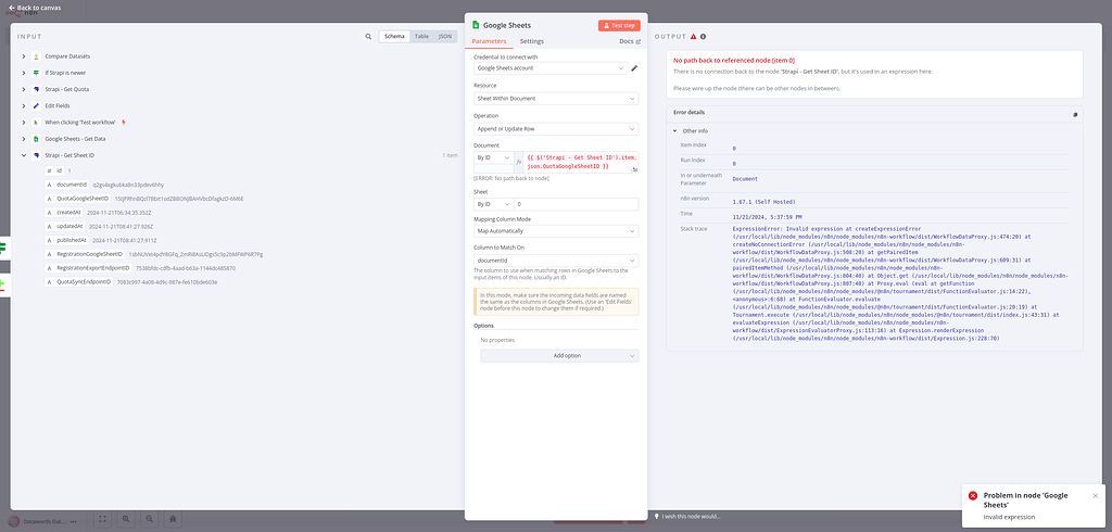"no path back to referenced node" on Google Sheets node - Questions ...