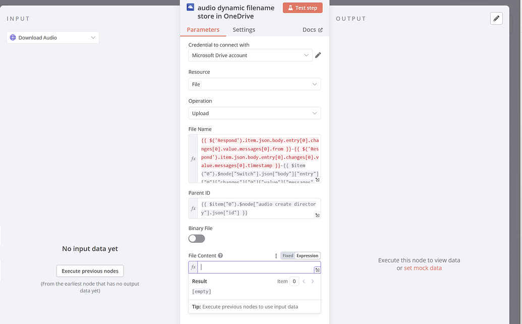 This operation expects the node's input data to contain a binary file 'data', but none was found ...