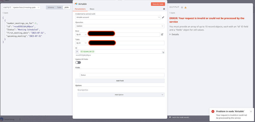 Can't pass values from Code or Set node to Airtable Update node - Questions - n8n Community