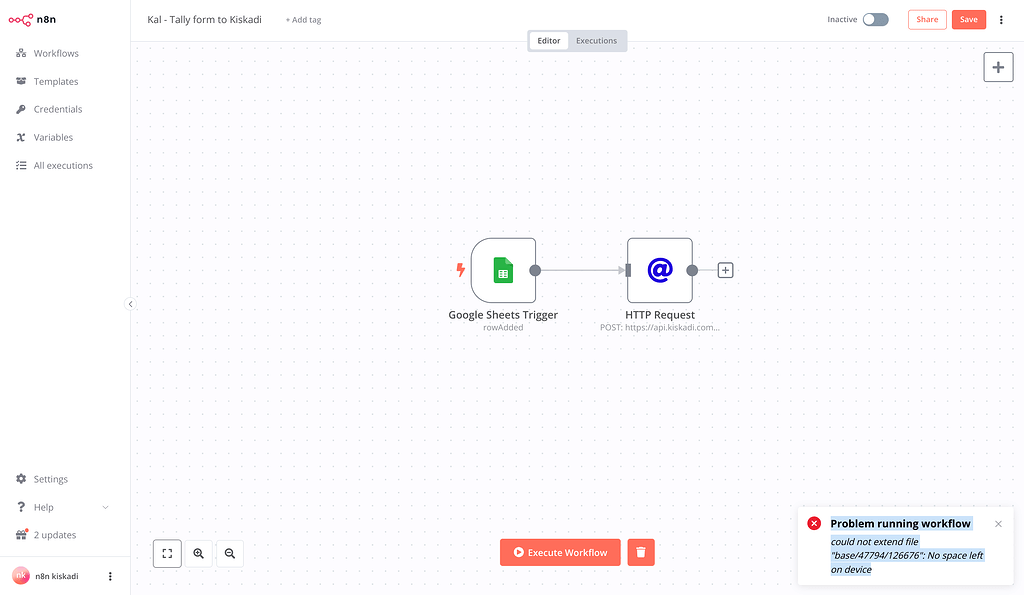 Error "No space left on device" - Questions - n8n Community