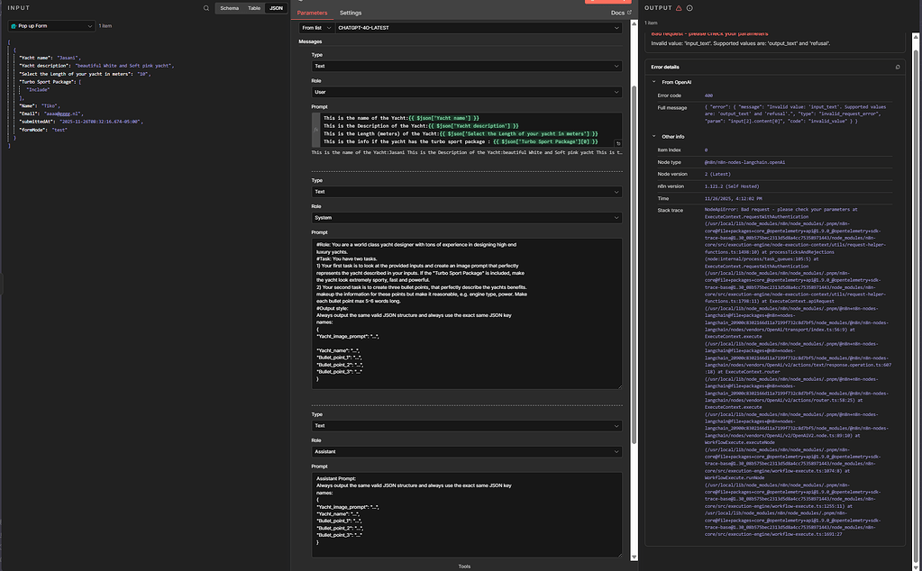 OpenAI node error: input_text not supported—no output_text option in Type - Questions - n8n ...