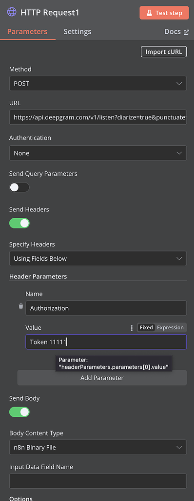 Cannot convert from cURL zu JSON with HTTP-Request Node - DEEPGRAM - Questions - n8n Community