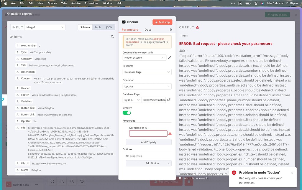 Error while requesting the notion page to update a data base page ...
