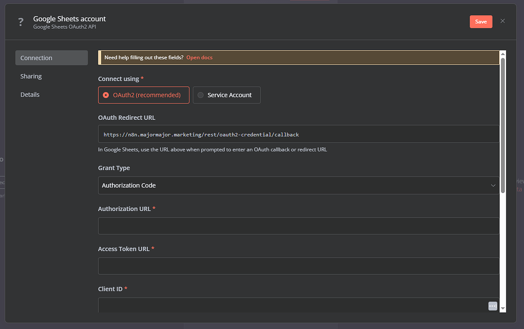 Google Sheets Credentials requires Authorization URL and Access Token URL - Questions - n8n ...