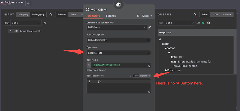 Add A 'MCP Client Tool' to AIAgent, But the 'Tool Parameters' do not has AI Button - Questions ...