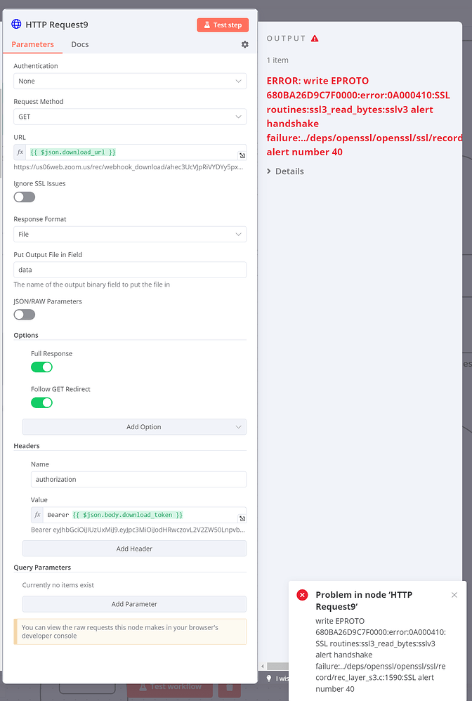 SOLVED: HTTP reqest node Zoom - ERROR: write EPROTO - Questions - n8n