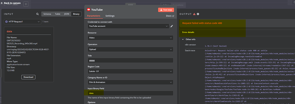 Youtube upload problem - Questions - n8n Community