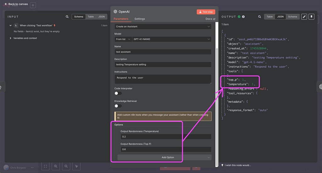 [Bug] OpenAI Assistant 'Output Randomness' not being set - Questions - n8n Community