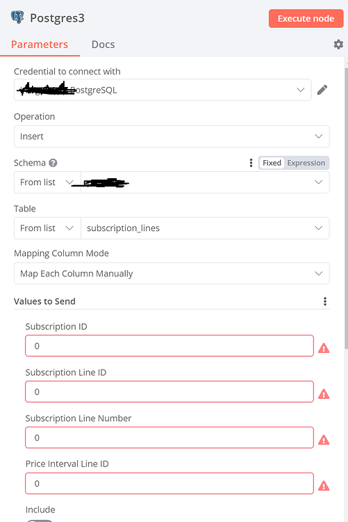 Postgres Node - errors inserting data using Execute Query as well as using upsert - Questions ...