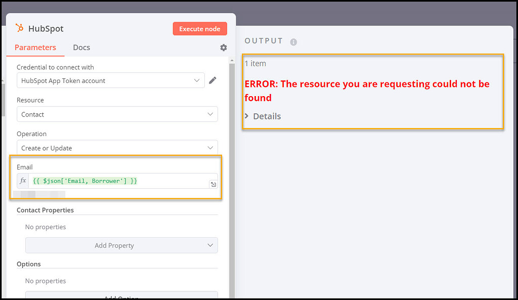 HUBSPOT UPSERT NODE EMAIL NOT WORKING- ERROR: The resource you are requesting could not be found ...