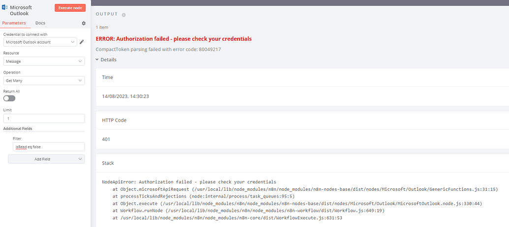 Credentials error in integration with Microsoft Outlook - Questions - n8n Community
