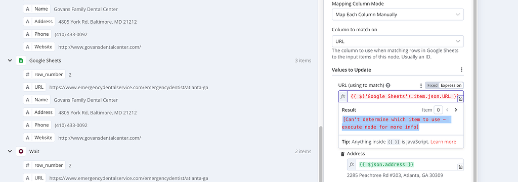Google Sheet Update Row Error: [Can't determine which item to use - execute node for more info ...
