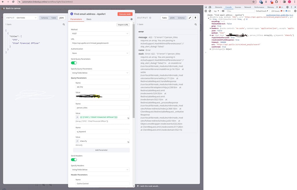 Apollo HTTP request returns error 422 - Not an array, while array - Questions - n8n Community