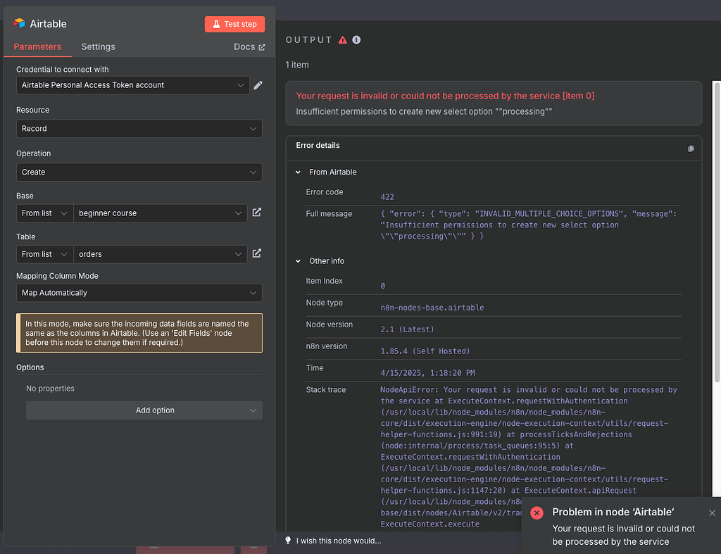 Beginner's Course Airtable Node Error Chapter 5.2 - Questions - n8n Community