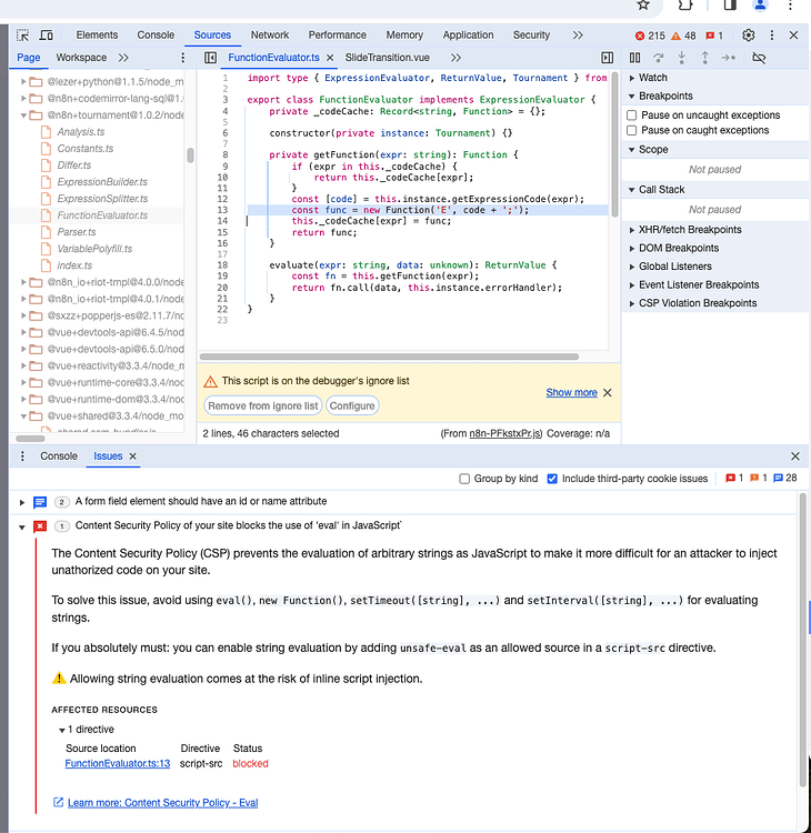 Unsafe eval csp error in tournament lib - Questions - n8n