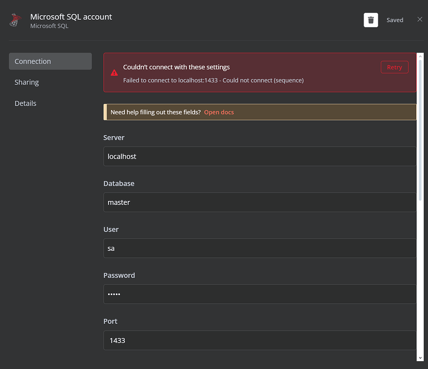 Cant connect to SQL(SSMS) via n8n - Questions - n8n