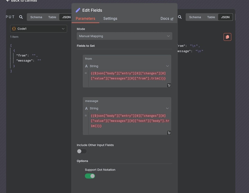 Subject: Help Removing \n from "from" and "message" Fields (WhatsApp ...