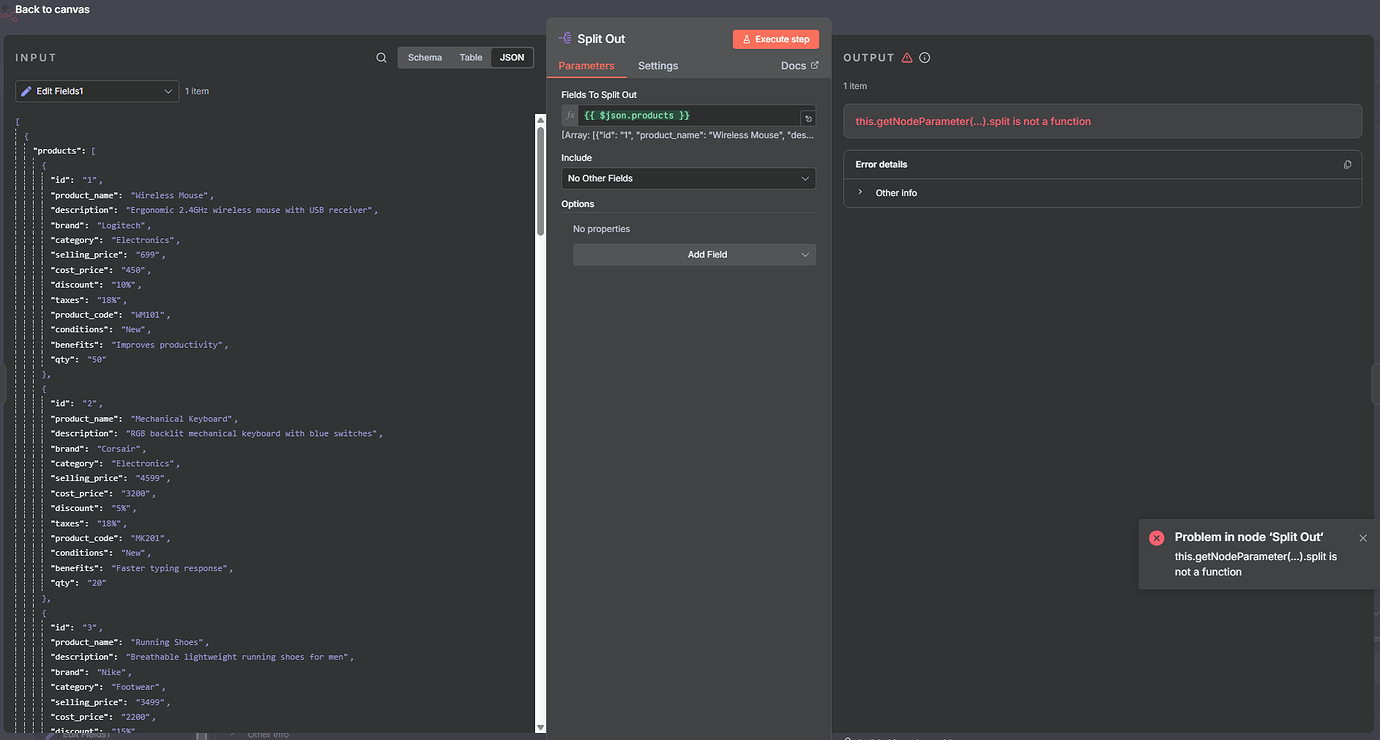 Getting error on splitting the the json elements - Questions - n8n Community