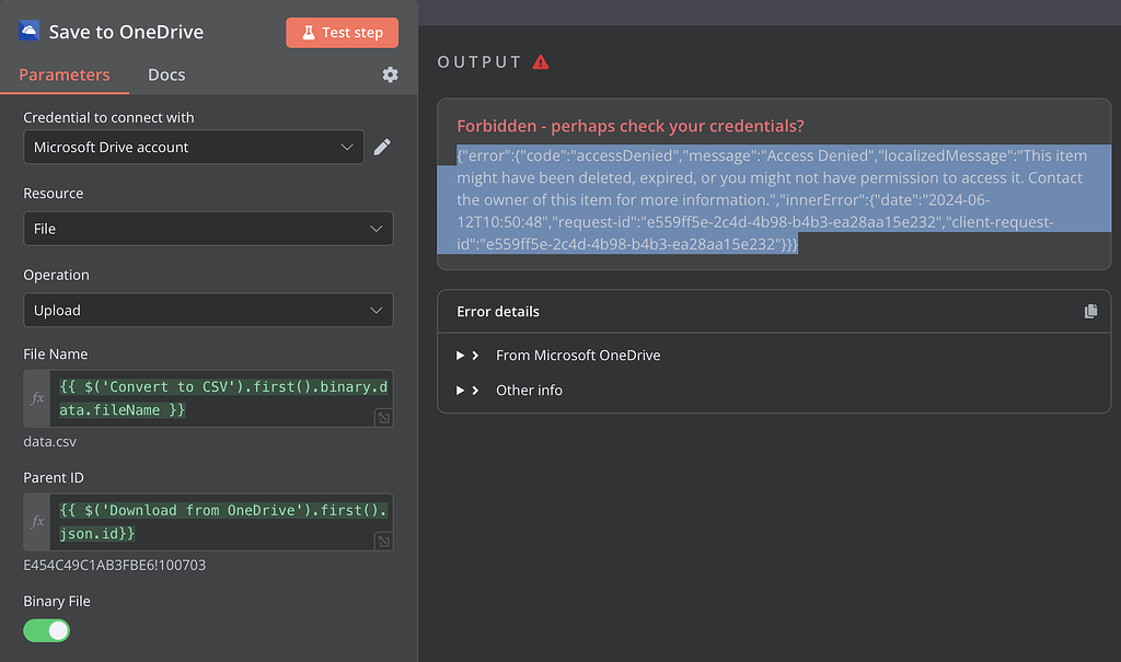 [OneDrive] Can't upload CSV to folder - Questions - n8n Community