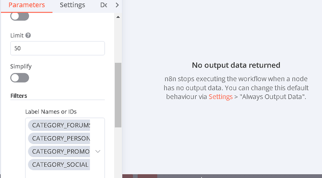 How to setup gmail node "get many" messages from multiple labels (i.e if mail from either label1 ...