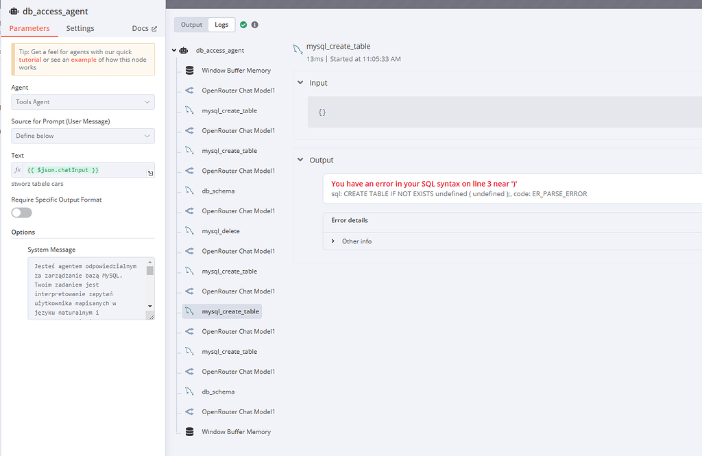Agent Not Passing Data to Tool (mysql_create_table) – "Undefined" Error - Questions - n8n Community
