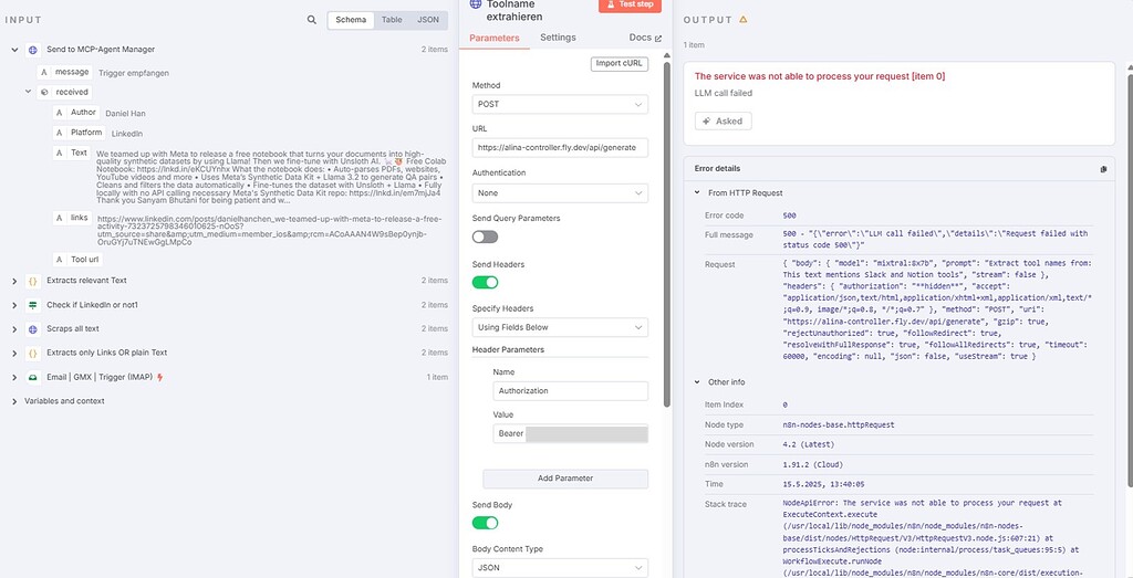 N8N HTTP Request Node gibt HTTP 500 "LLM call failed" bei Self-hosted LLM API - Questions - n8n ...