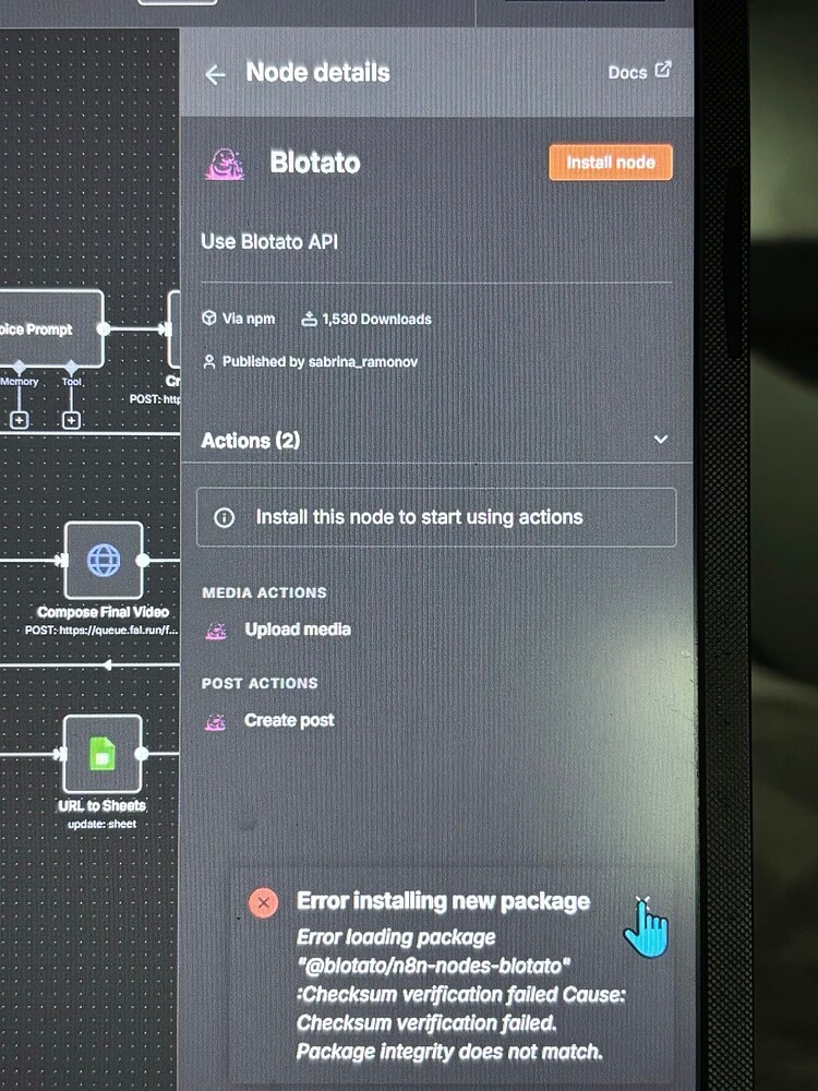 Blotato node fails checksum - Questions - n8n Community