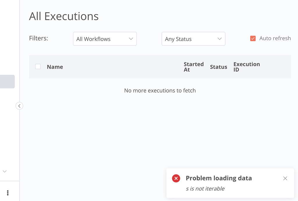 Problem Loading Executions S Is Not Iterable Questions N8n
