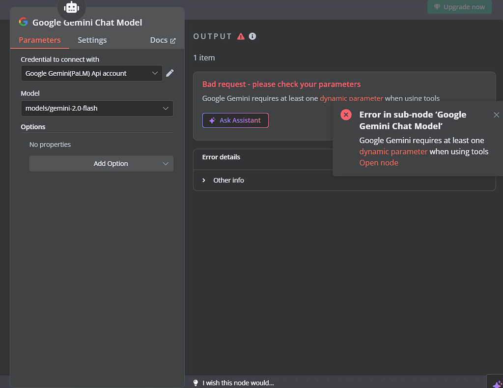 ERROR while using AI-AGENT+GOOGLE GEMINI CHAT MODEL+GOOGLE SHEET - Questions - n8n Community