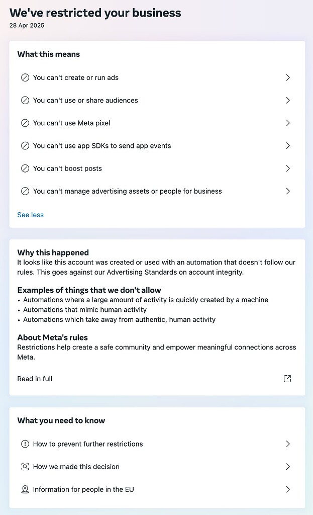 Account restricted META - Questions - n8n Community