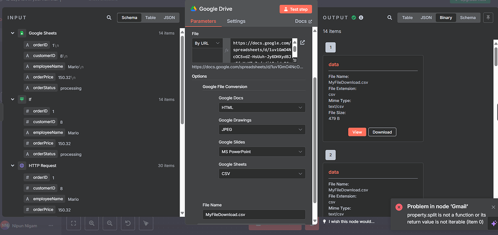 Not able to send a google drive node (Download) output as an attachment via gmail - Questions ...