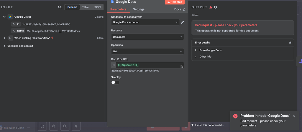 Google Docs: Bad request - please check your parameters - Questions - n8n Community