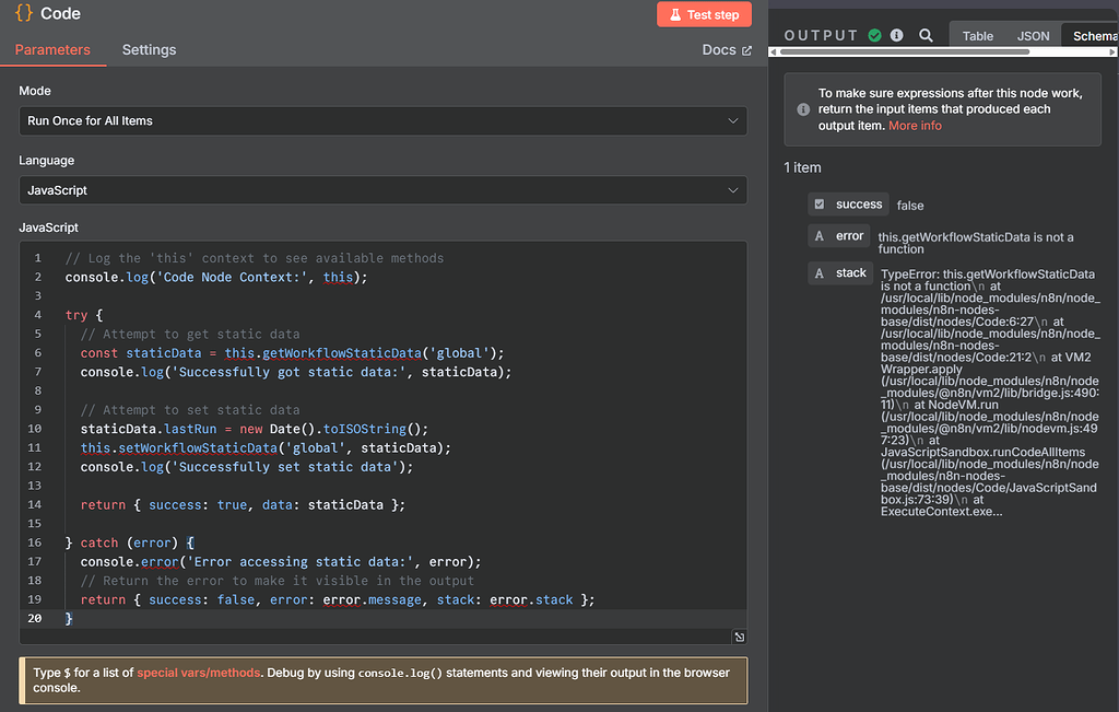 Code node this.getWorkflowStaticData is not a function on v1.86.0 (Docker on Windows) - persists ...