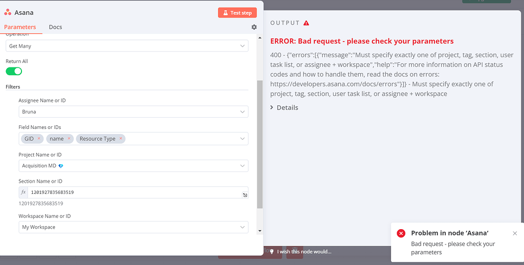 Error 400 tryng to get many tasks using Asana Node - Questions - n8n ...