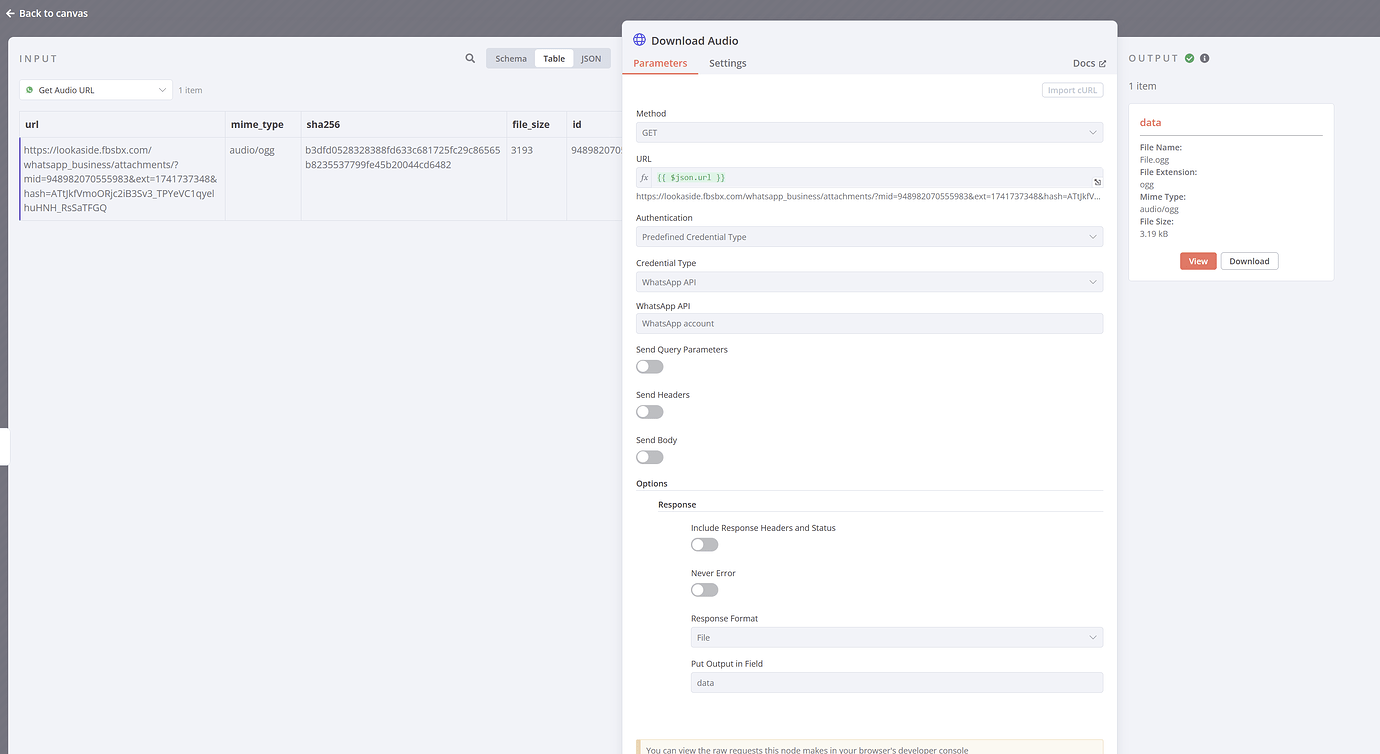 This operation expects the node's input data to contain a binary file 'data', but none was found ...