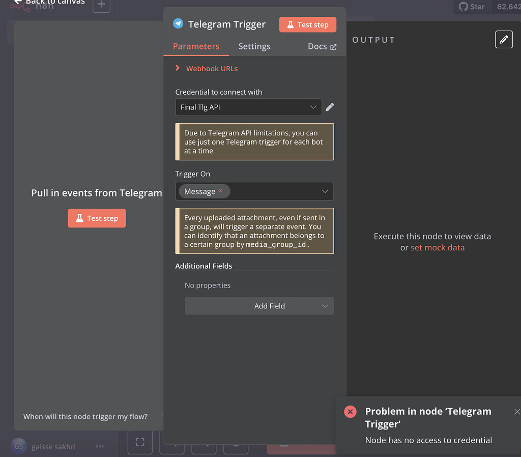 Telegram Trigger node receives messages but fails due to ‘No Access to Credential’ error ...