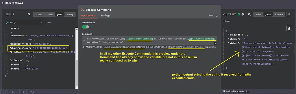 Confused about Execute Command Node parsing variables - Questions - n8n Community