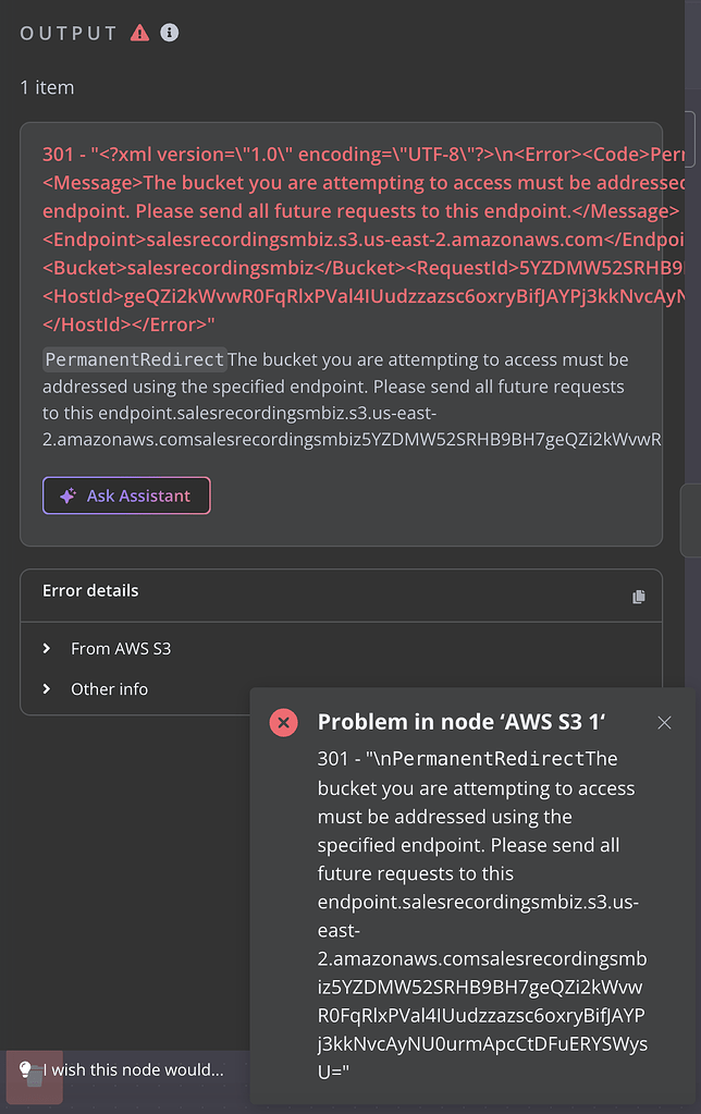 AWS S3 Upload 301 Error - Questions - n8n Community