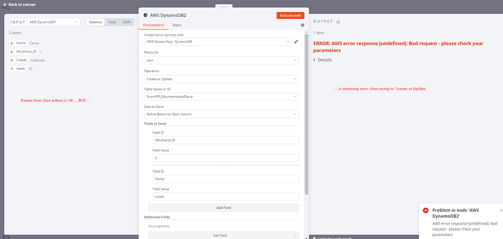 DynamoDB - Problem to Create ou Update Item - Questions - n8n Community