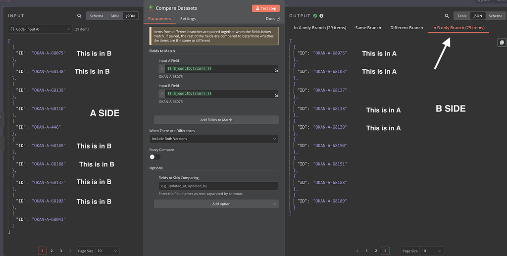 Compare Datasets node not working as expected - Questions - n8n Community