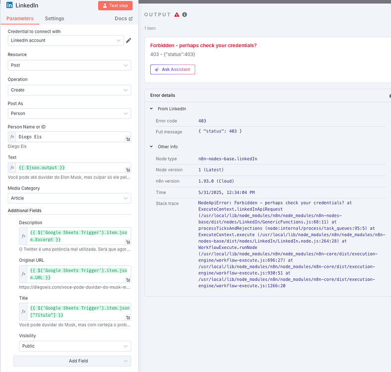 LInkedin error Bummer, something went wrong - Questions - n8n Community