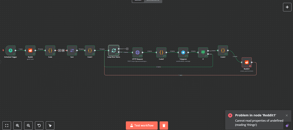 Issue with Reddit Node in n8n Workflow: Cannot Read Properties of Undefined (reading 'things ...