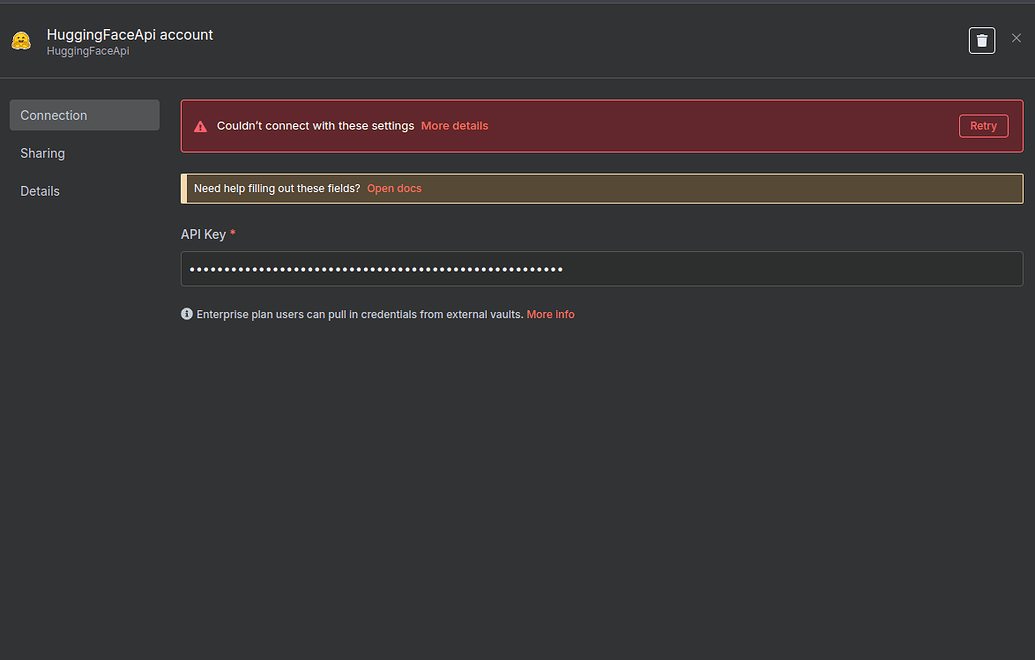 Error when i am trying to connect my huggingface account with n8n - Questions - n8n Community